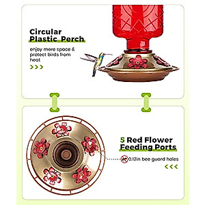 BOLITE Hummingbird Feeder, 18005 Glass Hummingbird Feeders for Outdoors Hanging, 5 Feeding Stations, 22 Ounces, Red Bottle, Xmas Gifts for Bird Lovers