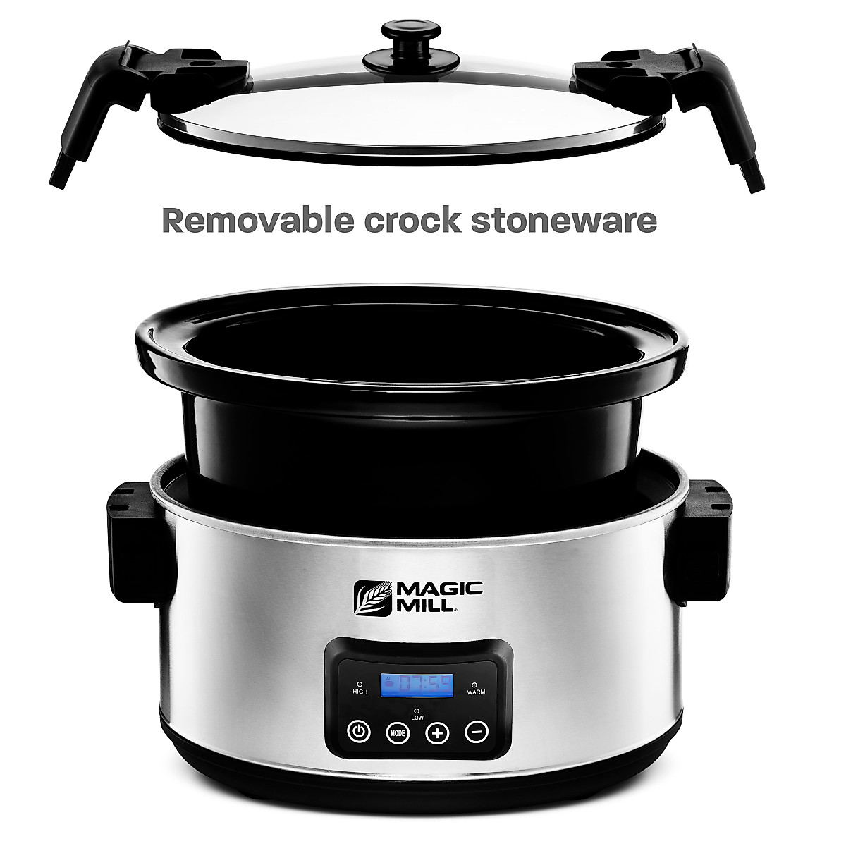 Magic Mill 8.5 Quart Extra Large Programmable Slow Cooker with Digital Adjustable 20 Hour Timer, 3 Cooking Settings, Brushed Stainless Steel, With Intelligent Lid Lock