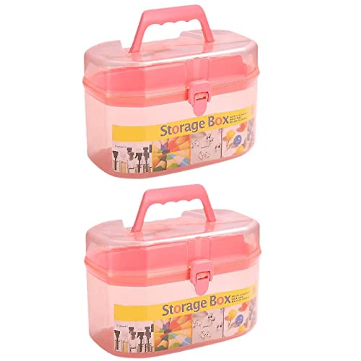 Soziyu 2PCS Art and Craft Storage Box with Removable Tray, Multipurpose Plastic Organizer and Storage Container Case with Handle (9 Inches, Pink)