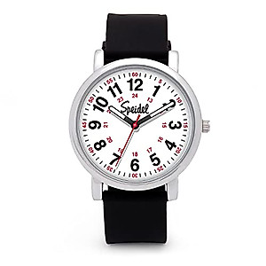 Speidel Original Scrub Watch™ Nurses Doctors Medical Professionals Students Men Women Easy Read Dial Military Time Red Second Hand Silicone Band Water Resistant-Black