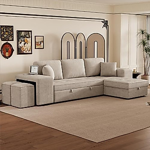 Eafurn L Shaped Reversible Sleeper Sectional Sofa Pull Out Couch Bed with Storage Chaise Lounge and 2 Stools, Button Tufted Chenille Upholstered Convertible Pullout Sofabed for Living Room Office