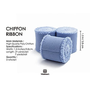 Vitalizart Dusty Blue Ribbon Chiffon Silk Ribbon 1.5" x 7Yd Handmade Fringe Ribbon for Gift Wrapping Wedding Invitations Bridal Shower Bouquets