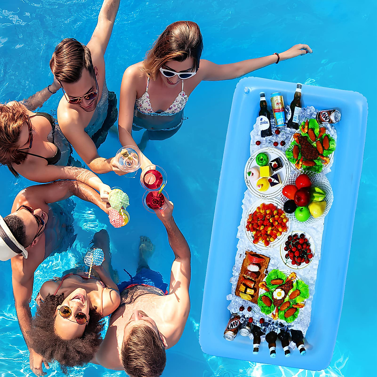Hemoton 1 Set 2PCS Inflatable Pool Serving Bar and 3pcs Mesh Food Tent Set Drinking Buffet Tray Inflatable Ice Serving Buffet Bar Drinks Cooler Tray with Drain Plug (Blue)