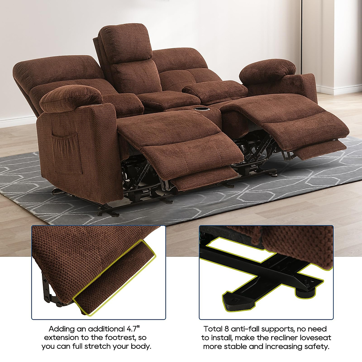 RIHEREFY 68'' RV Power Loveseat Recliner Sofa | Reclining Loveseat with Console & Cup Holder | Double Recliner Sofa | Theater Seating Loveseat with Heat and Massage (Fabric, Coffee)