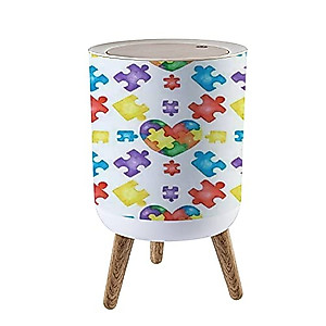 Trash Can with Lid Seamless with Colorful Jigsaw Puzzles and Heart on White Watercolor Wood Small Garbage Bin Waste Bin for Kitchen Bathroom Bedroom Press Cover Wastebasket 7L/1.8 Gallon