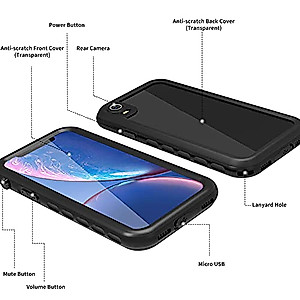 MIZUSUPI iPhone XR Waterproof Case Underwater Full Sealed IP68 Certified Waterproof Case Dustproof Snowproof Shockproof Cover with Built-in Screen Protector for iPhone XR 6.1 inch Black