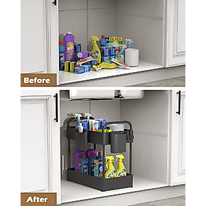 FURTIME Under Sink Organizer, 2 Tier Kitchen Under Sink Storage Bathroom Countertop Organizer with 6 Hooks 2 Hanging Cups and Anti-Foot for Bathroom Kitchen Spice Makeup Cosmetics Vanity Narrow Space