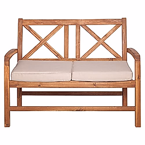 Walker Edison Delray Classic Acacia Wood X Back Patio Loveseat with Cushions, 40 Inch, Brown
