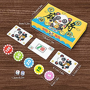Sishynio Mahjong Cards Gift Set, Mah-Jongg Playing Cards with Dice & Chips, 2023 Handheld Cartoon Majiang Game, Classical Chinese Table Game, for Leisure Time Party Traveling Gifts (Pattern of Panda)