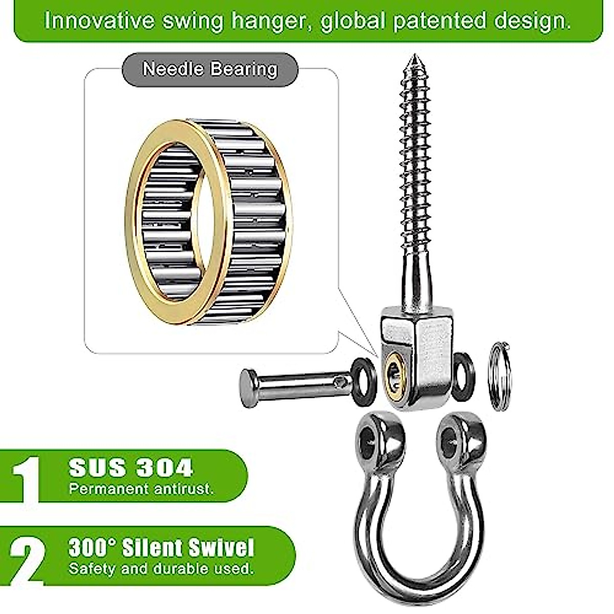 SELEWARE Heavy Duty Stainless Steel Swing Hangers with Bearings, 2-Pack - Quiet and Smooth Swivel Hooks for Porch, Patio, Playground - Indoor/Outdoor Swing Set Hardware, 1500LB Capacity