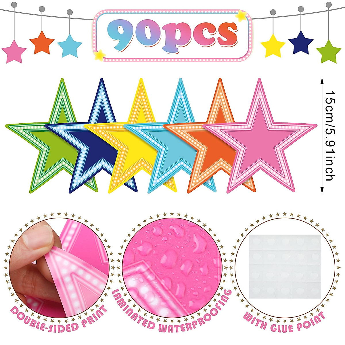 Geosar 90 Pieces Neon Stars Cut Outs Bulletin Board Cutouts Back to School Star Bulletin Board Rainbow Colored Stars Shapes Paper Cutouts for Classroom Bulletin Board Neon Party Supply Teachers Kids