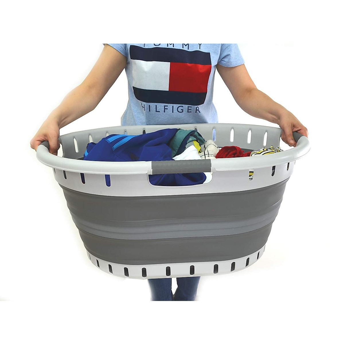 SAMMART 57L (15 Gallons) Collapsible 3-Handled Plastic Laundry Basket - Oval Tub - Portable Washing Tub-Space Saving Laundry Hamper, Water Capacity 44L / 11.6 Gallon (2 pcs - Oval, Dark Grey)