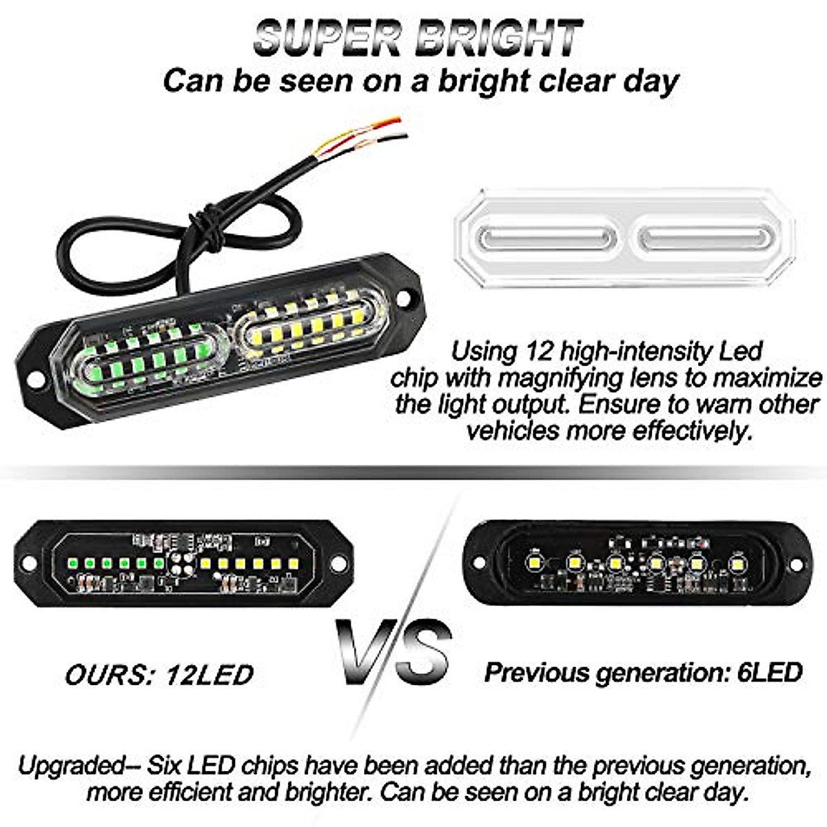 ASPL 8pcs Sync Feature Ultra Slim 12-LED Surface Mount Flashing Strobe Lights for Truck Car Vehicle LED Mini Grille Light Head Emergency Beacon Hazard Warning lights (Green/White)