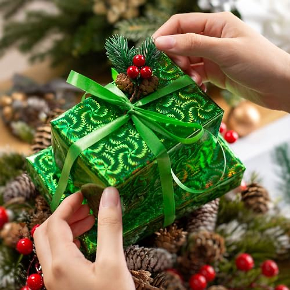 Flyhill Green Wrapping Paper-Mini Roll 17inch*32.8ft（46.8sqft-Holographic Foil Gift wrap with Sparkle Spiral Design for Christmas,Birthday,Wedding,Bride Shower,Party