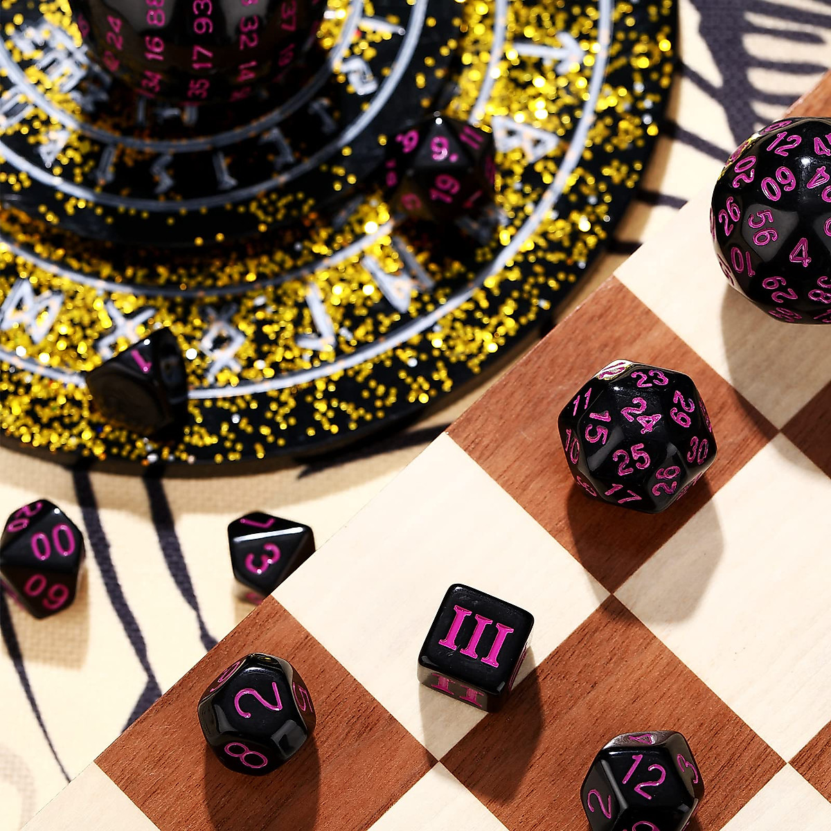 15 Pieces Complete Polyhedral Dice Set D3-D100 Spherical RPG Dice Set in Opaque Black, 100 Sides Dice Set for Role Playing Table Games Party Supplies (Black and Purple)