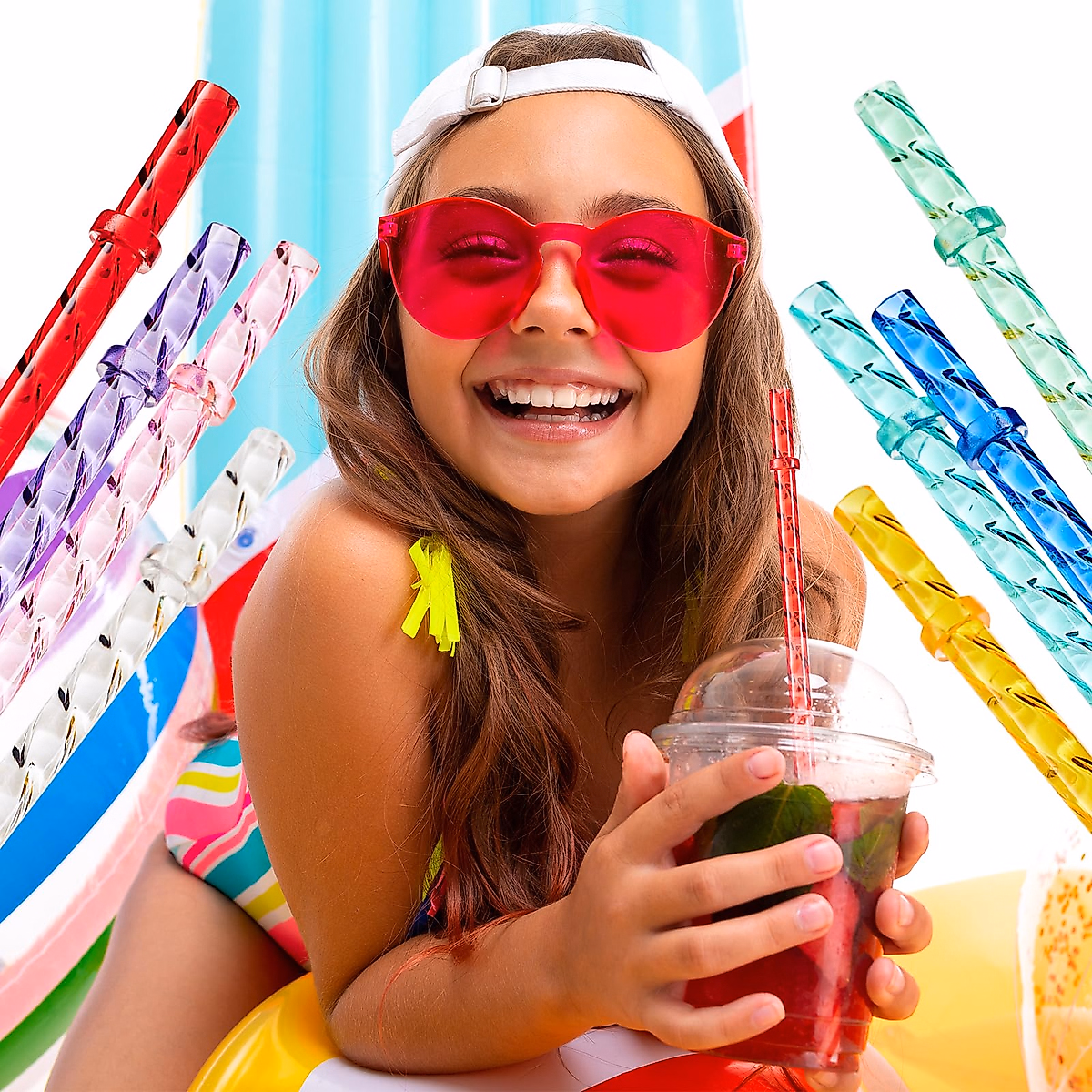 10 Pack Swirl Straws for Starbucks Tumbler, Reusable 11" Long Hard Plastic Shiny Crystal Tumbler Replacement Drinking Straws For 16 OZ 20 OZ 30 OZ Stanley, Yeti Tumblers With Cleaning Brush