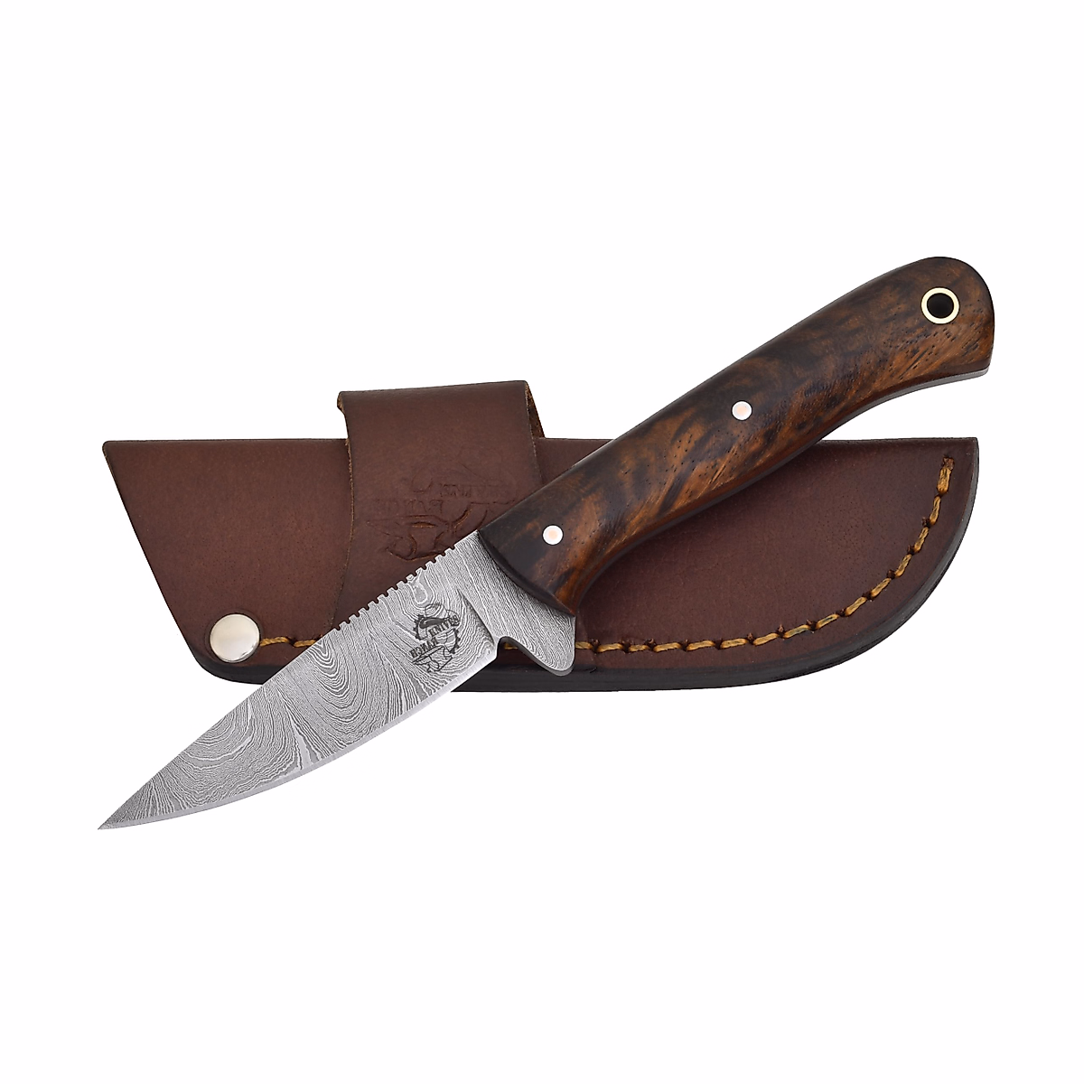 Knives Ranch 7" Fixed Blade EDC Knife with Sheath - Damascus Steel Hunting Knife - Full Tang - Rosewood Handle - Horizontal Carry Leather Sheath Snug Fit (3056-IRW)