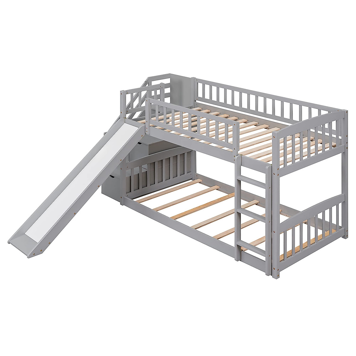 CITYLIGHT Twin Over Twin Bunk Bed with Slide and Stairs, Wooden Low Bunk Bed with Storage Stairs,Kids Bunk Bed with Slide for Girls Boys,No Box Spring Needed, Grey