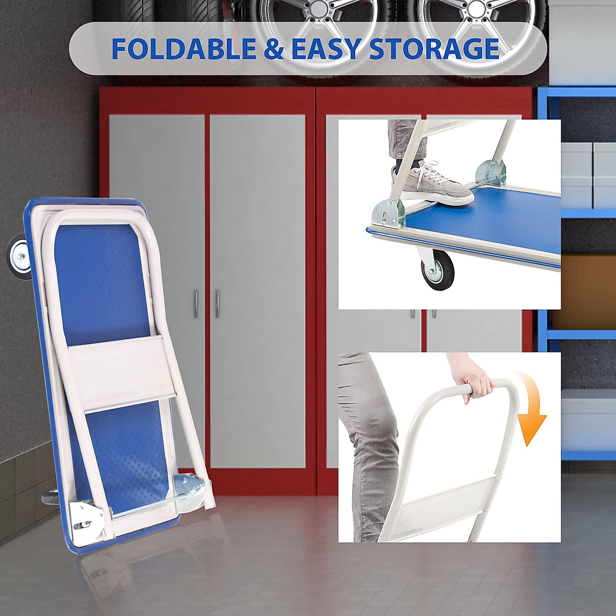 Endynino Folding Platform Truck, Portable Hand Truck Dolly with 360 Degree Wheels Wheels, Push Cart Dolly for Moving, Garages, Warehouse, Garden, Holds up to 330LBS, Blue