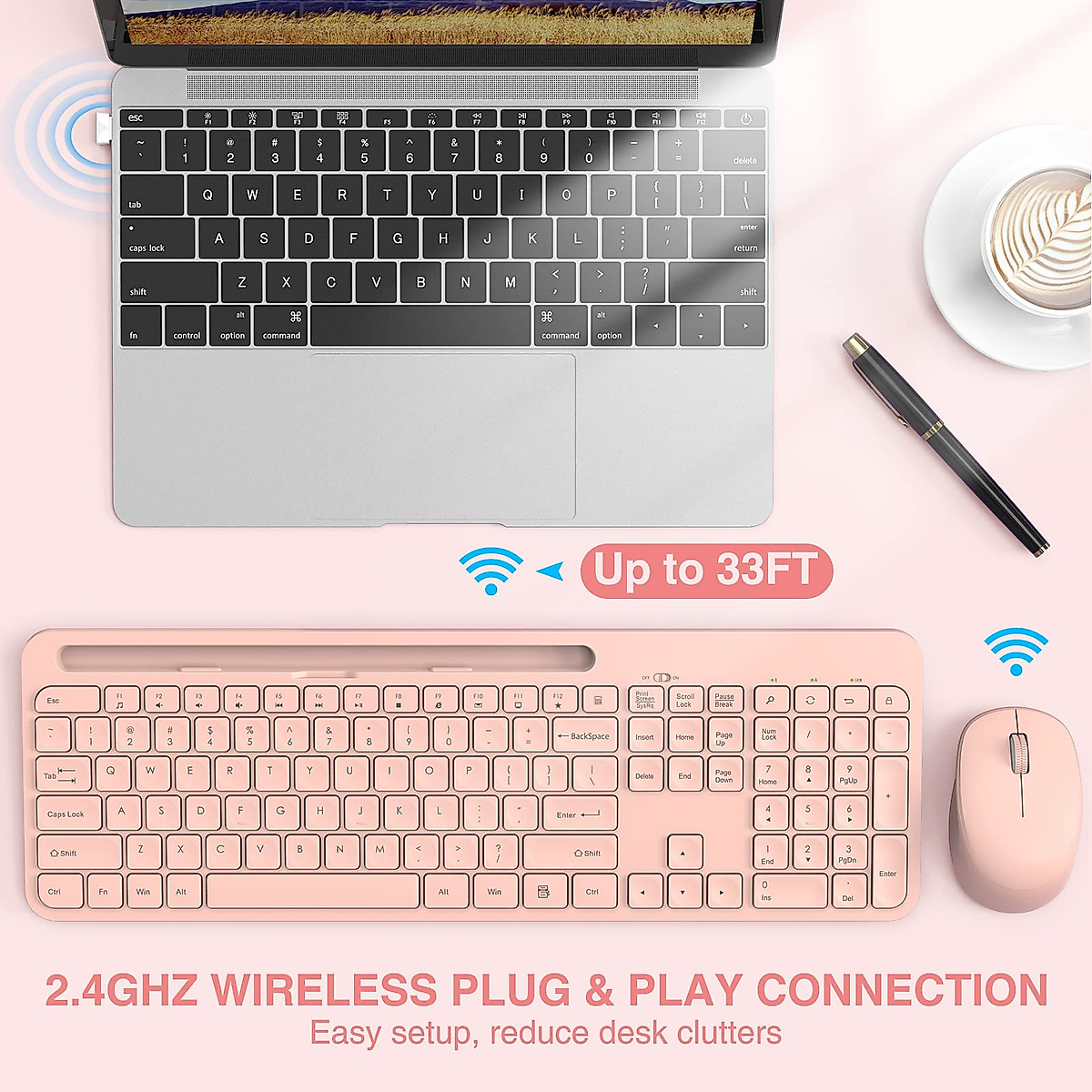 Wireless Keyboard and Mouse Combo, WisFox 2.4G USB Wireless Ergonomic with Phone Holder, Full-Size Keyboard and Mouse Set for Computer, Laptop and Desktop(Pink)