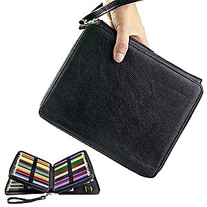 YOUSHARES 120 Slots Colored Pencil Case – Deluxe PU Leather Pencil Holder with Compartments for Watercolor Pencils (Black)