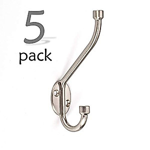 Wall Mounted Standard Decorative Heavy Duty Double Coat Hooks,5 Pack with Screws, Brushed Nickel by Ambipolar (6636-T310)