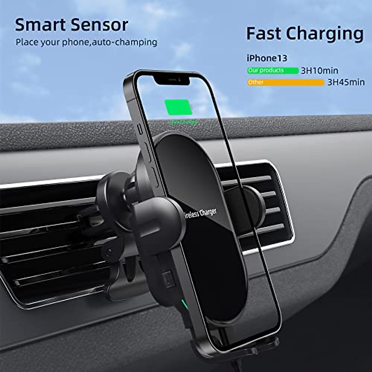 Nalwort Wireless Car Charger Auto Clamping with Air Vent and Dashboard Mount 15W Qi Fast Charge Wireless Car Charger Mount for iPhone 14/14 Pro Max/13, Samsung S21/S20/S10/S9, Note 20