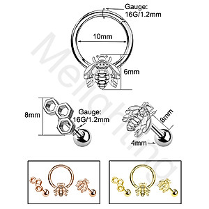 Melighting 3pcs Bee Cartilage Earrings 316L Surgical Steel 16G Septum Jewelry Helix Earrings Honeycomb Tragus Earring Stud for Women Daith Piercing Conch Earring