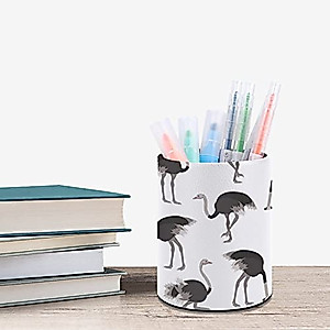 Cartoon Ostrich Bird Round PU Leather Pen Holder Desk Organizer Storage Container Pencil Container Brush Scissor Box