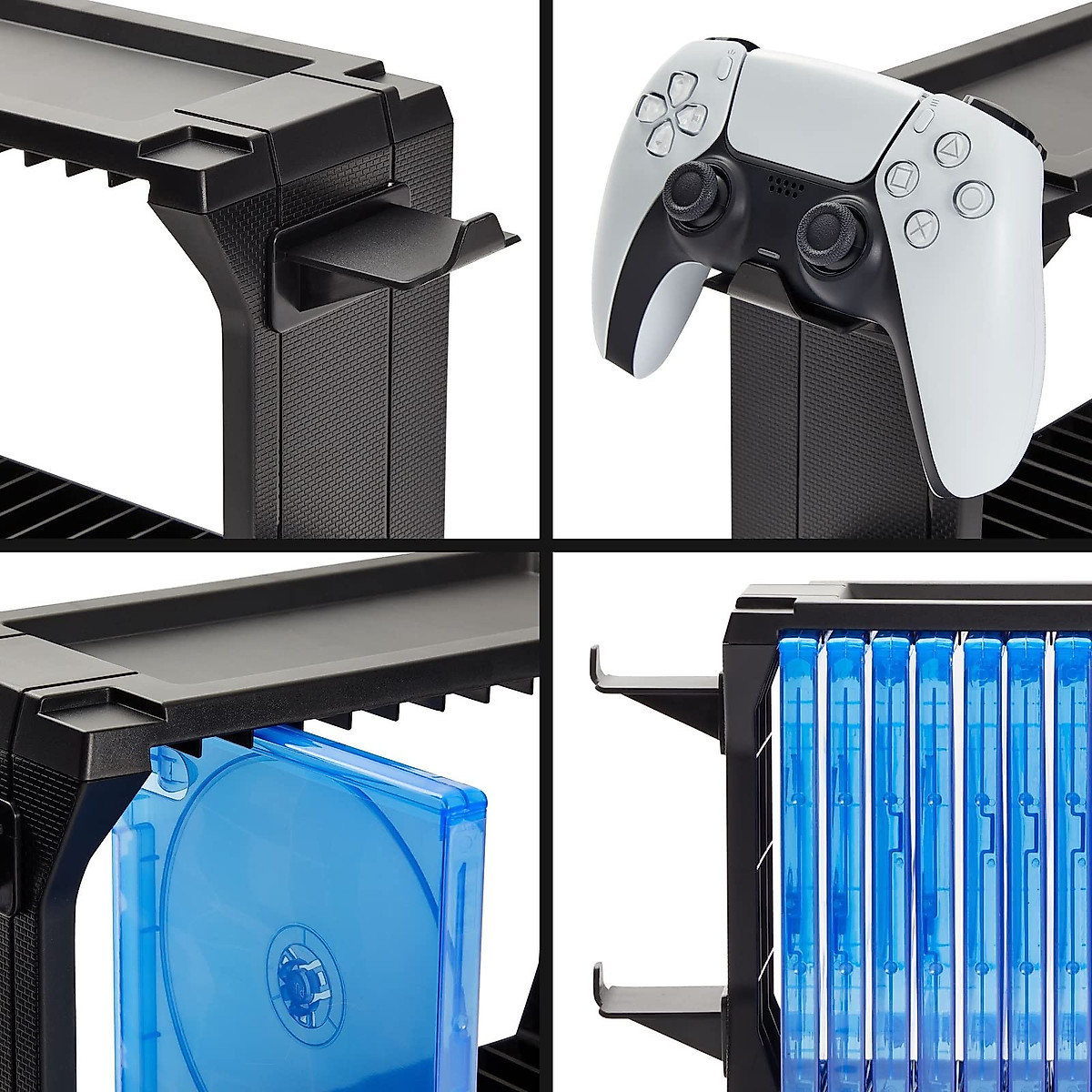 ionX Video Game Storage Stand for Blu-Ray and Game Cases, Fits 4 Controllers, Holds 15 Cases (Black)
