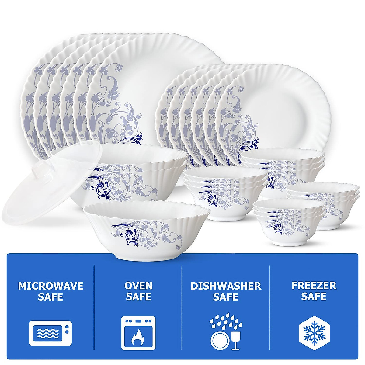 Borosil Gourmet Dinnerware Set For 6, 35 Pieces, White Dinner Plates and Bowls Sets, Chip Resistant Tempered Opal Glass, Stain Resistant, Dishwasher & Microwave Safe Dinner Set For Gifting