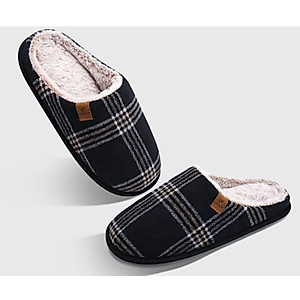 COFACE Mens Black Flano Plaid Cozy Memory Foam scuff Slippers Slip On Warm House Shoes Indoor/Outdoor With Best Arch Support Size 9