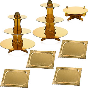 Zopeal 7 Pieces Cake Stand Set 3-Tier Cardboard Cupcake Stand 1-Tier Cake Stand Round Dessert Stand Rectangle Serving Tray Reusable Platters Cupcake Holders for Desserts Birthday Party(Gold)