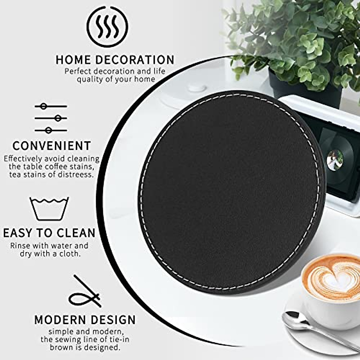 FYY Coasters for Drinks, Set of 5 Premium PU Leather Coaster with Holder, 3.9 inch Heat Resistant Coasters for Drinks, Coffee - Protect Furniture from Stains, Water Rings and Damage, Black