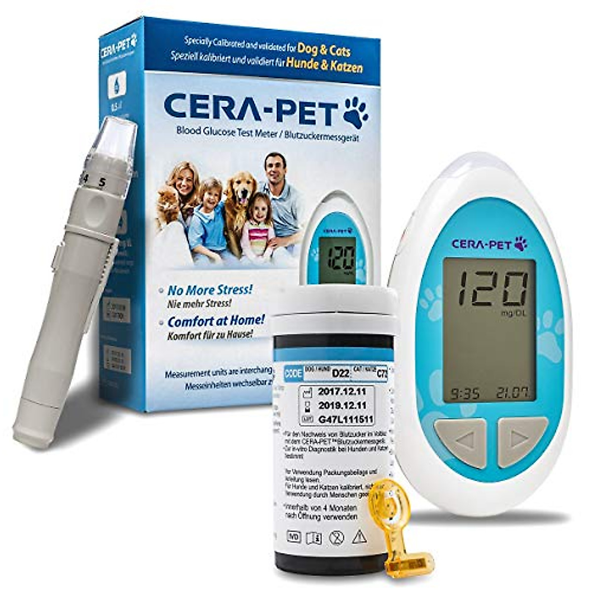 Cera-Pet Pet Blood Glucose Monitoring Kit for Cats & Dogs, Starter Pack, Meter, 25 Strips & Lancets, Lancing Device, Case, Switchable (mg/dL or mmol/L), Pet, Vet Diabetic Supplies