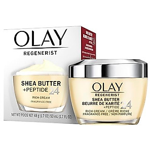 Olay Regenerist Shea Butter + Peptide 24 Rich Cream Face Moisturizer, Fragrance Free, 1.7 oz (48g)