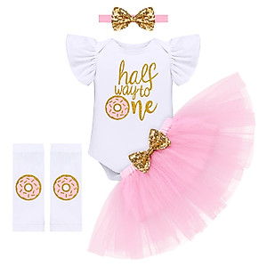 IBTOM CASTLE Newborn Toddler Baby Kid Girls Big Sister Outfits Clothing Set 1st Birthday Donut Letter Print Party Dress up 4Pcs Photo Cake Smash Formal Suit Donut Gold-half way to one 6 Months