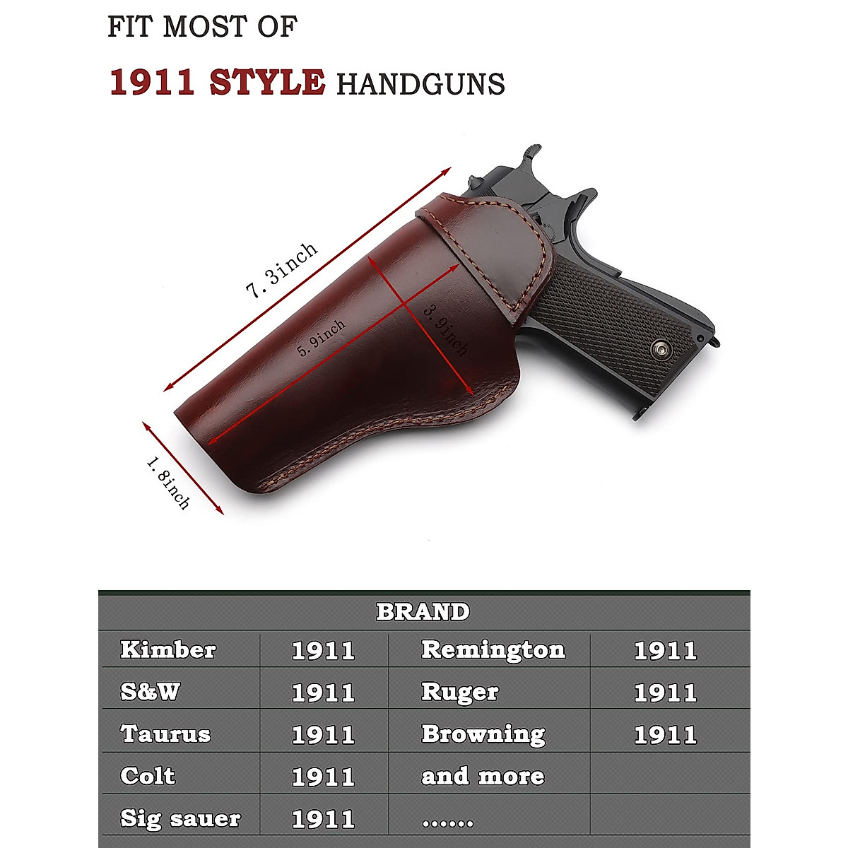 Cranssy 1911 Holster - Genuine Leather IWB Holster for Concealed Carry - Compatible with Kimber 1911/Colt 1911 /S & W 1911/Sig Sauer 1911/ Remington - Ruger & More 5 inch Barrel Pistols (Brown, Right)