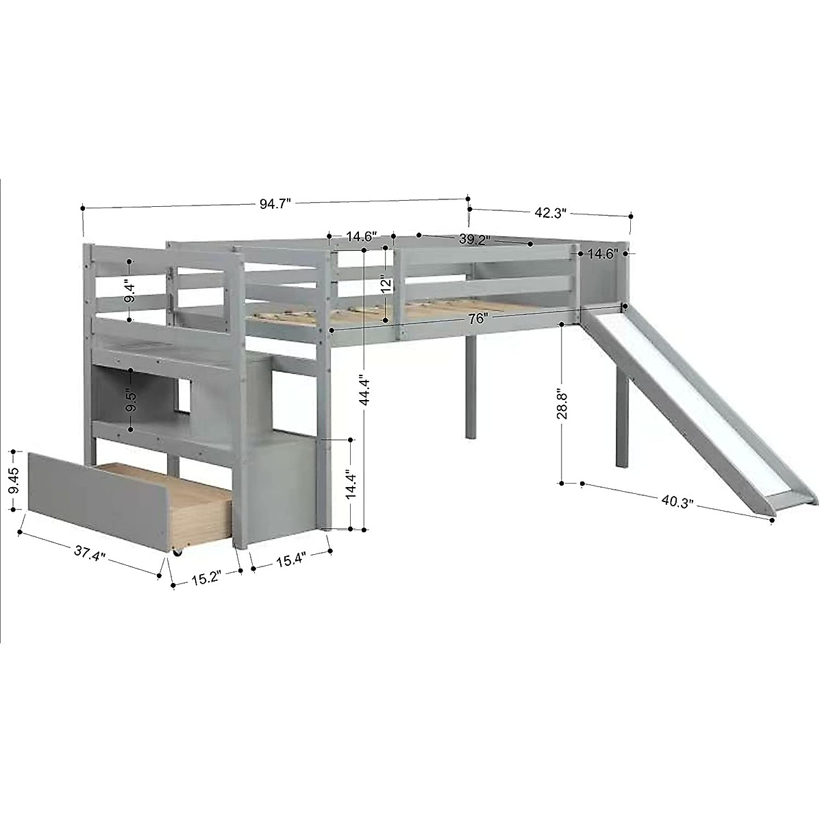 CITYLIGHT Twin Loft Bed with Stairs and Slide,Wood Kids Loft Bed with Storage Drawer and Shelf,Low Junior Loft Bed Frame with Safety Guardrails for Girls, Boys,No Box Spring Needed,Grey