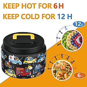 PIQUEBAR 8oz Kids Thermo for Hot Food,Small Lunch Thermos Food Container Stainless Steel,Easy Open Wide Mouth Thermo for Hot Cold Food for Preschool Travel (Black Animal Truck)