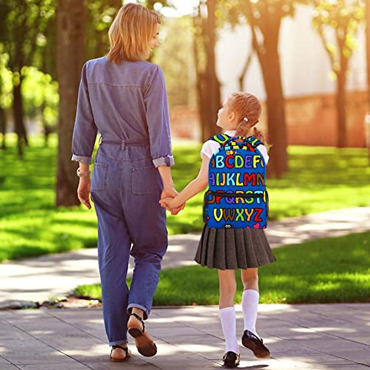 Colorful Alphabet Pattern Blue Lightweight School Classic Backpack Travel Rucksack for Women Teens