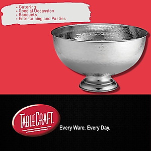 Tablecraft Hammered Pedestal Punch Bowl, Large Silver Stainless Steel, For Serving Hot and Chilled Cold Drink Beverages, Champagne, Alcohol Cocktails, Fruit Wine Sangria, Juice 54 Cup, 3.4 Gallon
