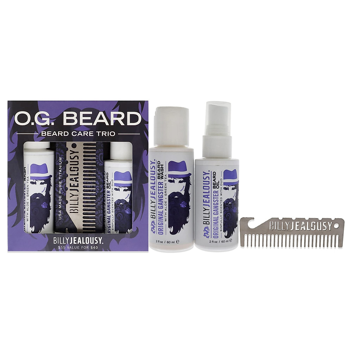 Billy Jealousy Original Gangster Beard Kit with Trave Size Beard Wash, Oil and Titanium Keychain Comb to Cleanse, Stengthen & Soften Facial Hair, Oud Wood Scent