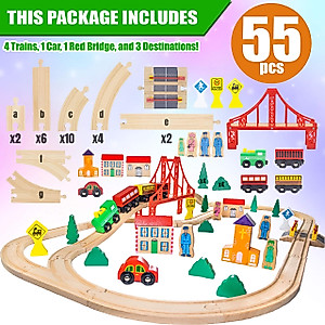 Wooden Train Tracks Full Set, Deluxe 55 Pcs with 3 Destination Fits Thomas, Brio, IKEA, Chuggington, Imaginarium, Melissa and Doug - Best Gifts for Kids Toddler Boys and Girls