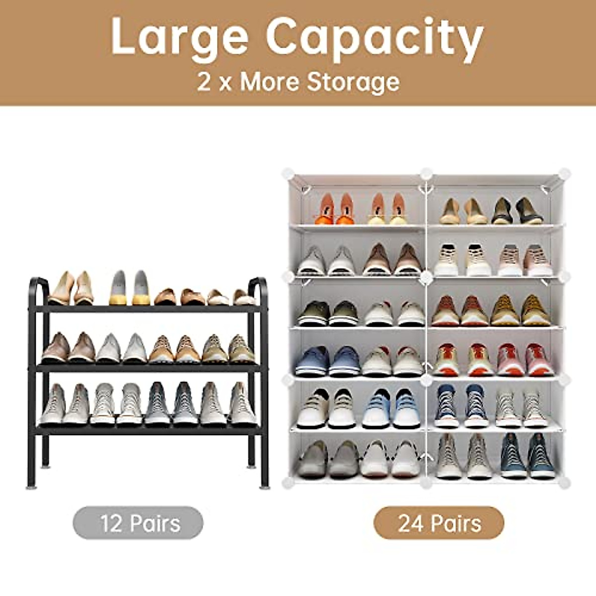 KOUSI Portable Shoe Rack Organizer 24 Pairs Tower Shelf Storage Cabinet Stand Expandable for Heels, Boots, Slippers, 6 Tier White