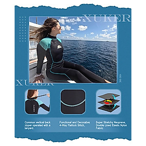 XUKER Wetsuit Women, 2mm Neoprene Long Sleeve Full Body Back Zip Wet Suit in Cold Water for Diving Surfing Snorkeling Kayaking Swimming Scuba Water Sports