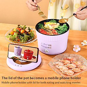 Mini Electric Cooker, Multifunctional Small Pot, Versatile Electric Hot Pot, 1.2L Multi Cooker Pan With Lid & Phone Holder,Portable Ramen Pot Cooker for Small Household Hot Pot (Purple)