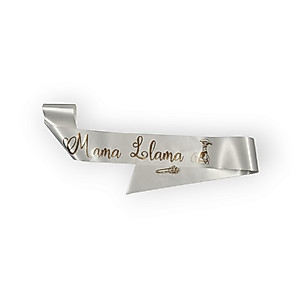 Amy's Bubbling Boutique Mama Llama Baby Shower Sash for Mom to Be White & Rose Gold with Adjustable Rhinestone Safety Pin