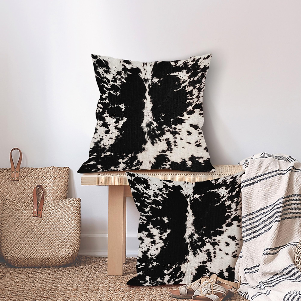 Cowhide Print Pillow Covers 18X18 Inch Black White Cow Spots Decorative Square Pillow Cases Set of 2 Farmhouse Western Home Decor Cotton Linen Throw Pillows For Bedroom Sofa Couch Porch Outdoor