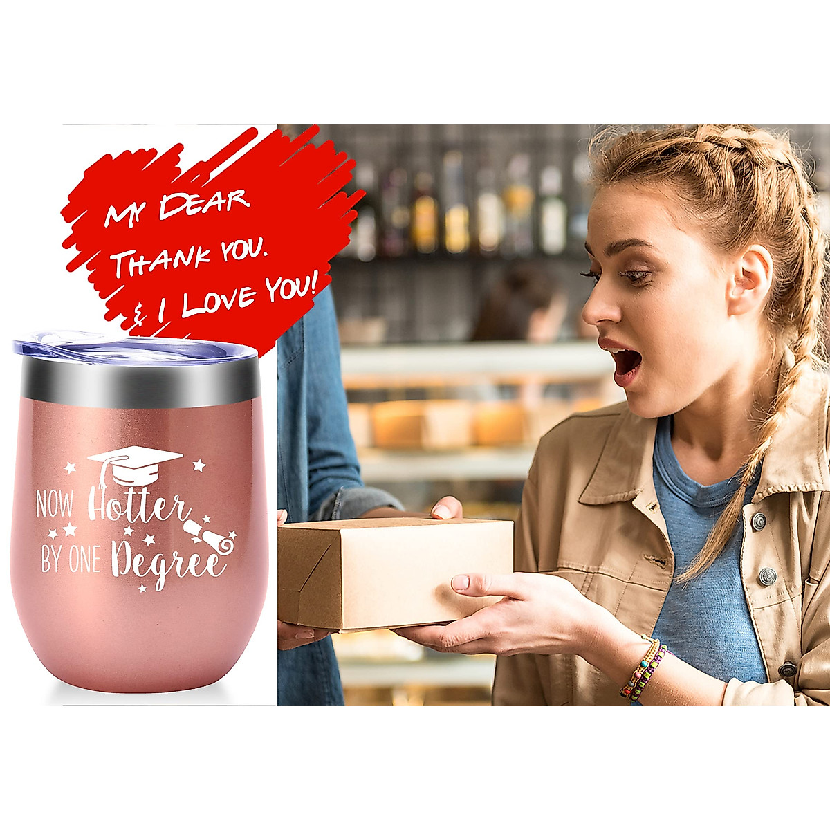 AMZUShome Now Hotter by One Degree Mug.Graduation Gifts.Grad Christmas Gifts for College High School Graduates College Grad Masters Degree Wine Tumbler(12oz Rose Gold)